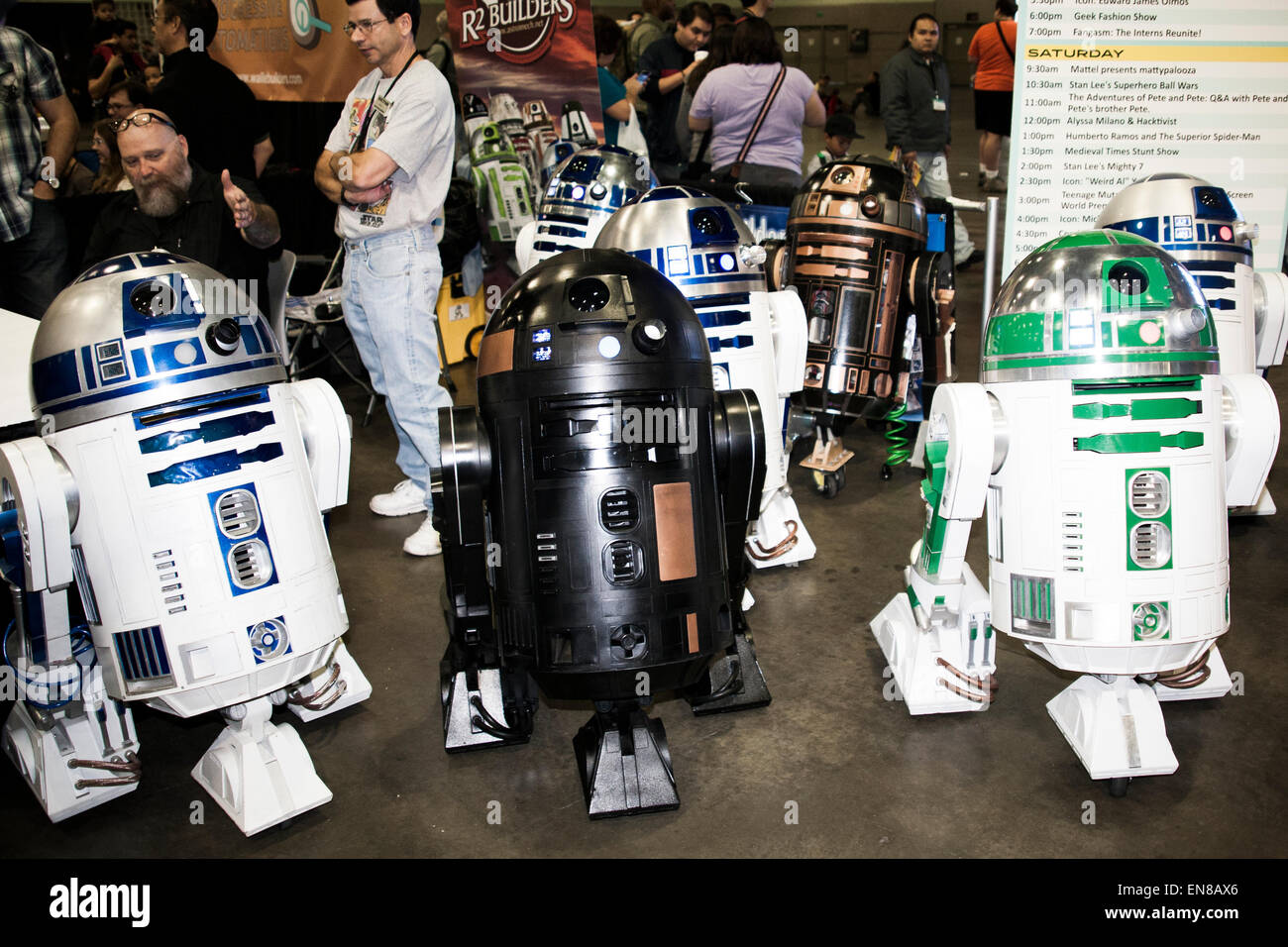A group of R2 units at the R2 Builders Club booth at Stan Lee's ...