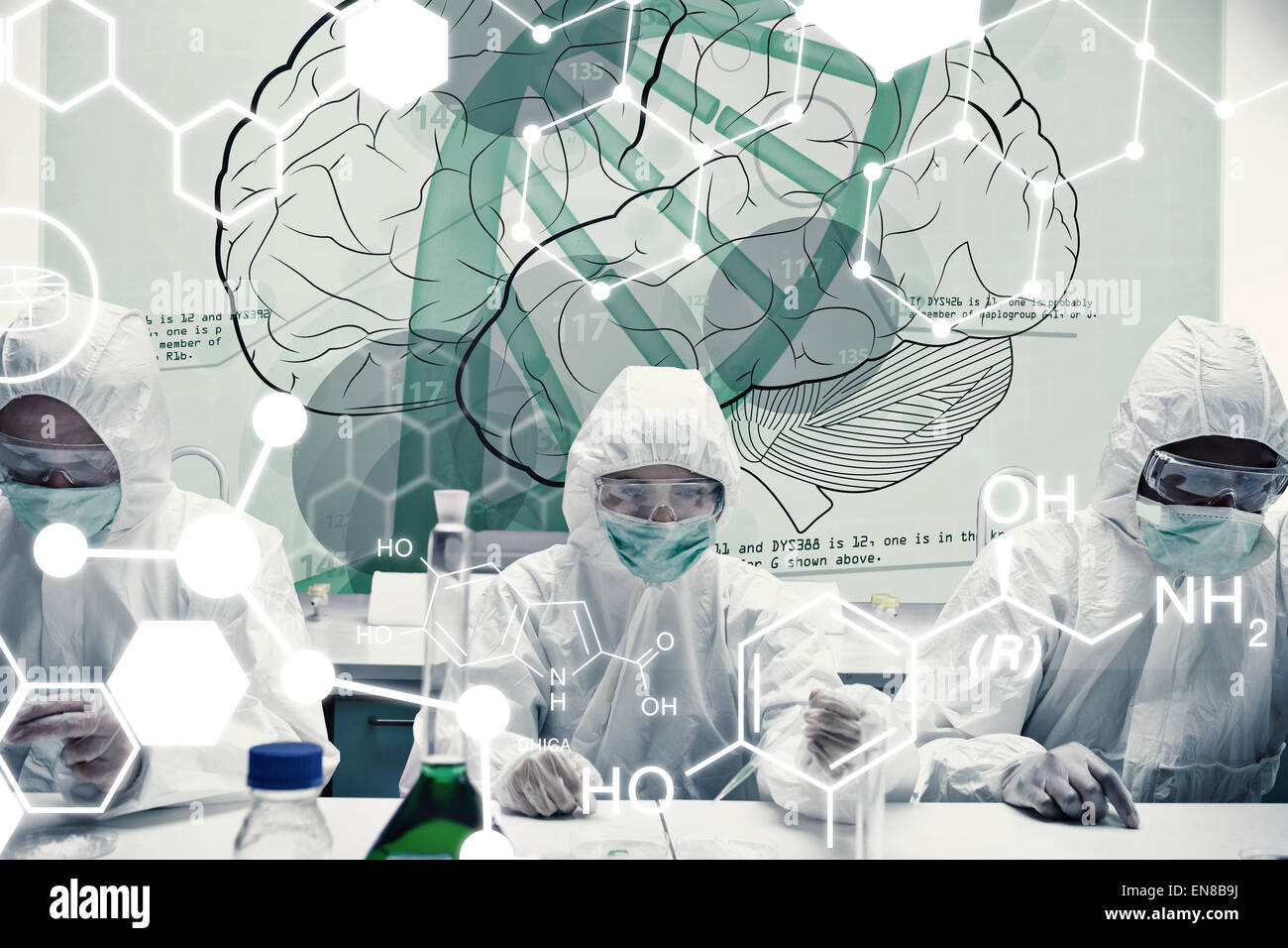 Composite image of chemists working with futuristic interface showing ...