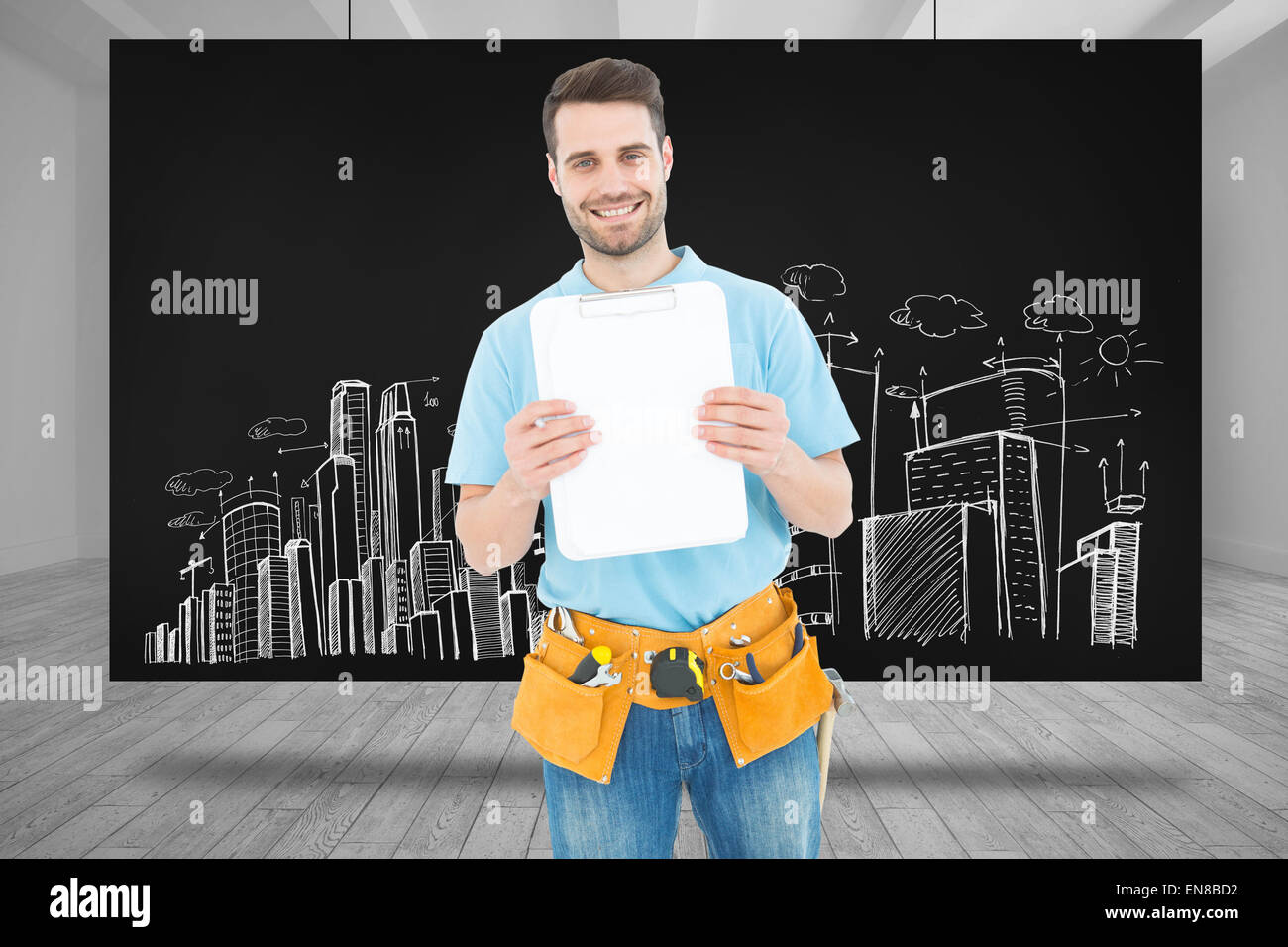 Composite image of construction worker showing blank paper on clipboard ...