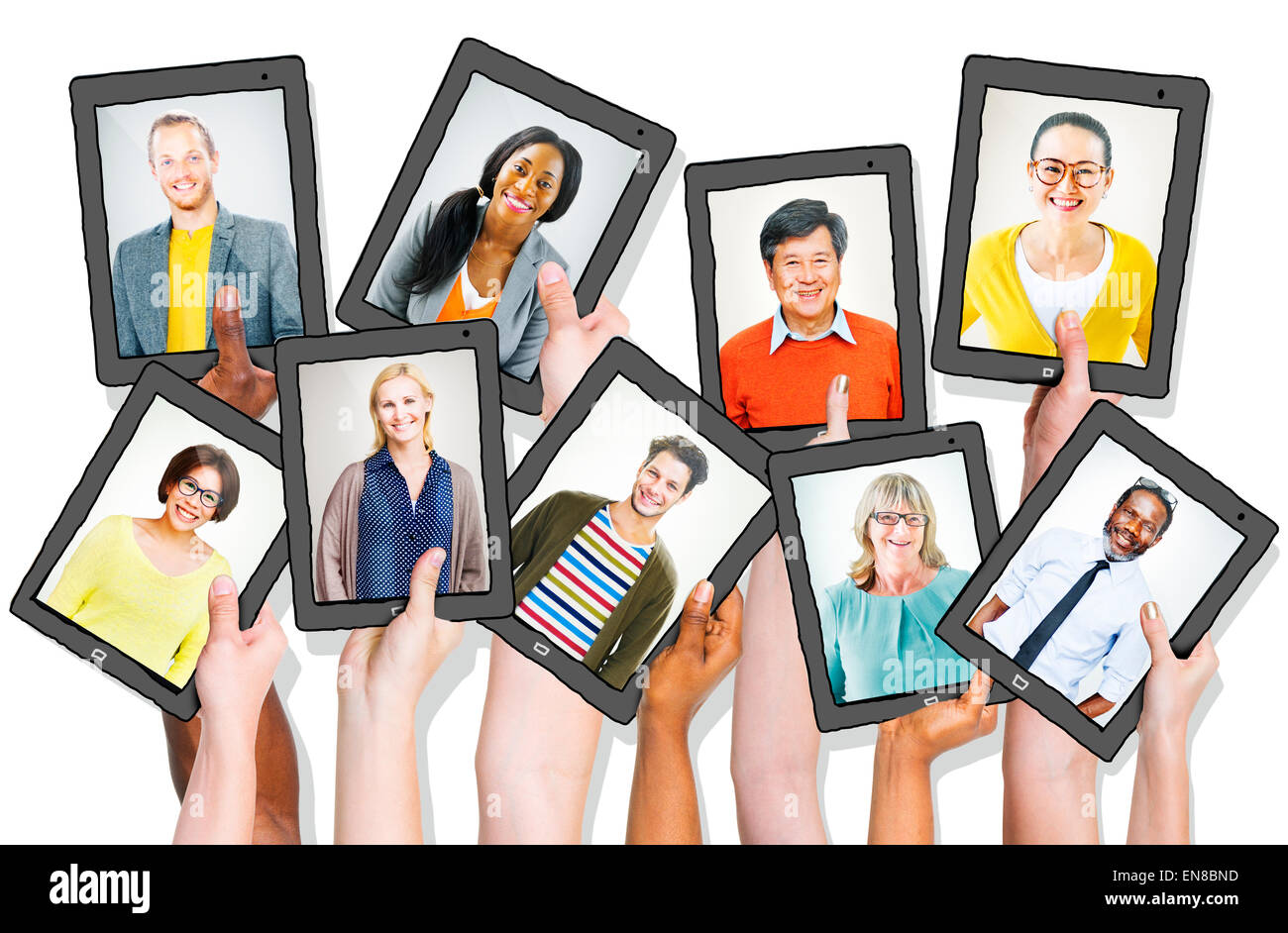 People Holding Tablets with People Profiles Stock Photo - Alamy