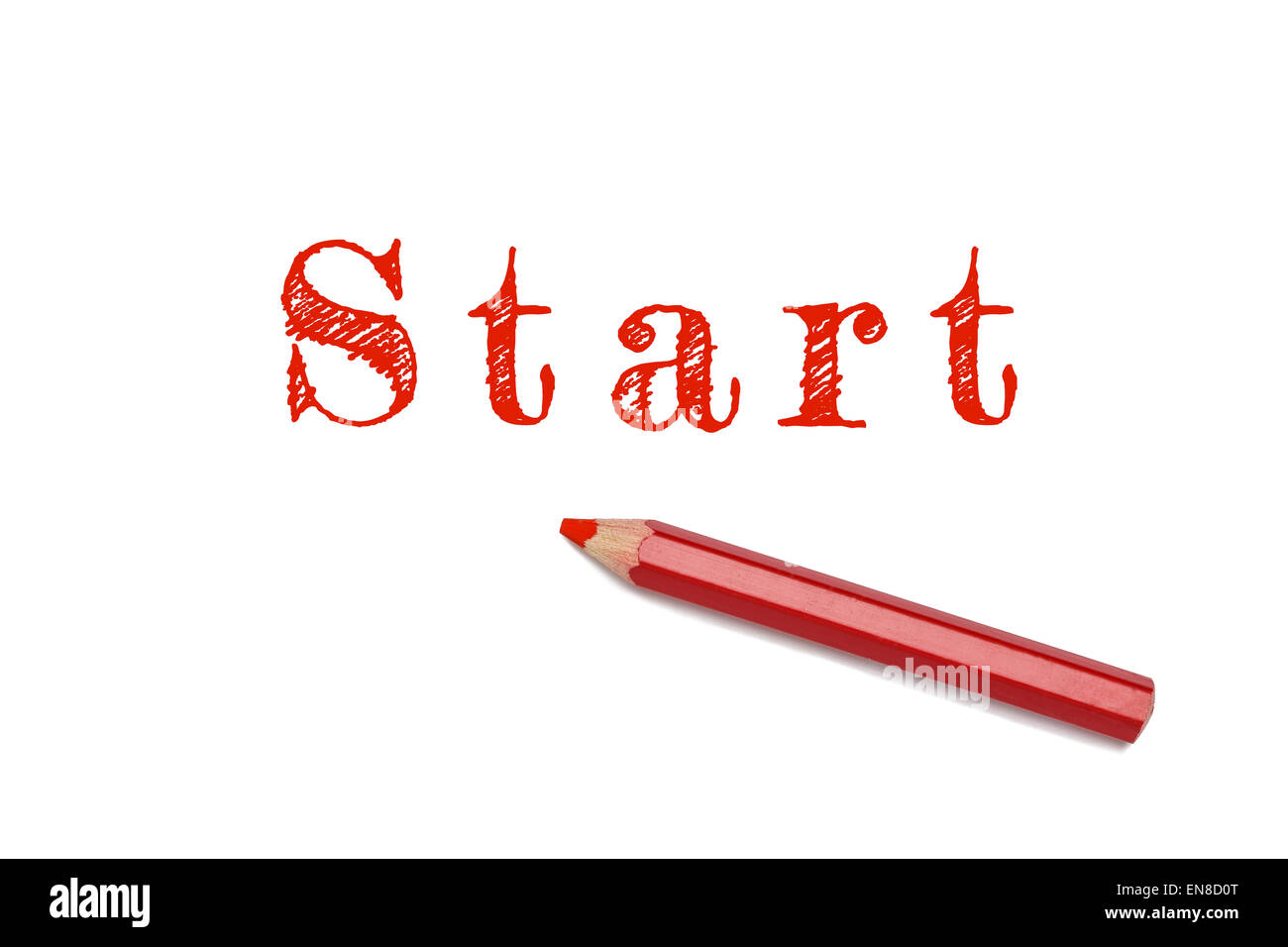 Start sketch text written red pencil white background. Concept start ...
