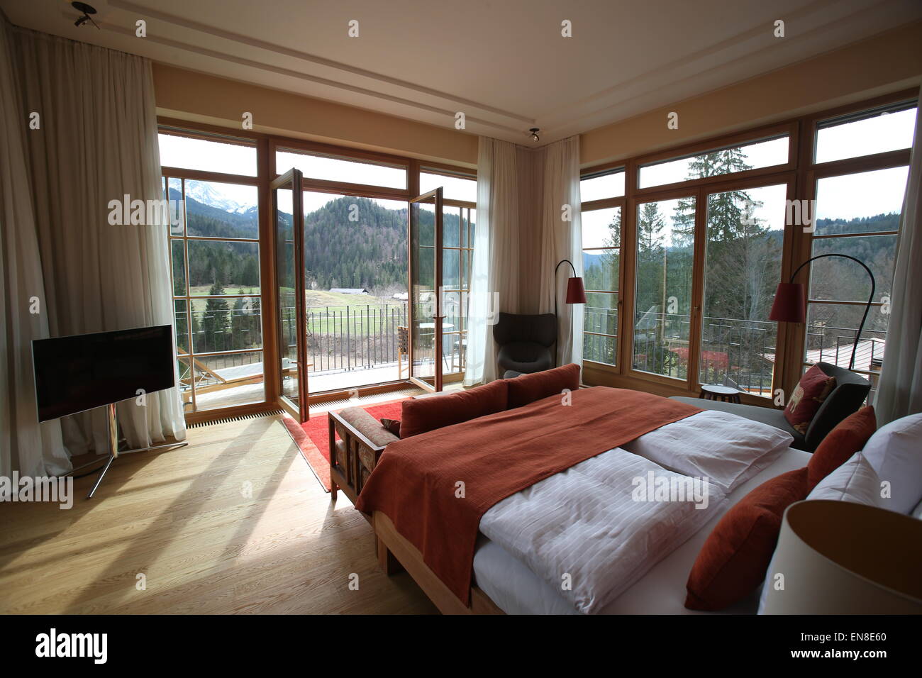 A view of a bedroom in a suite in the new construction 'Retreat' at Schloss Elmau in Elmau ...