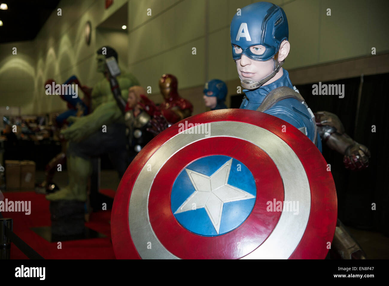Life size statues of the Avengers featuring Captain America at Stan Lee ...