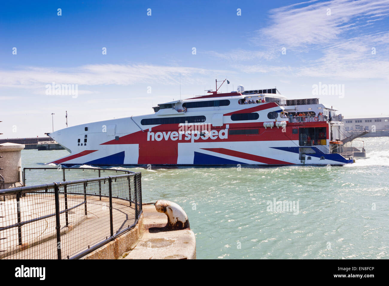 A fast ferry with the Union Jack flag painted on the side of it ...