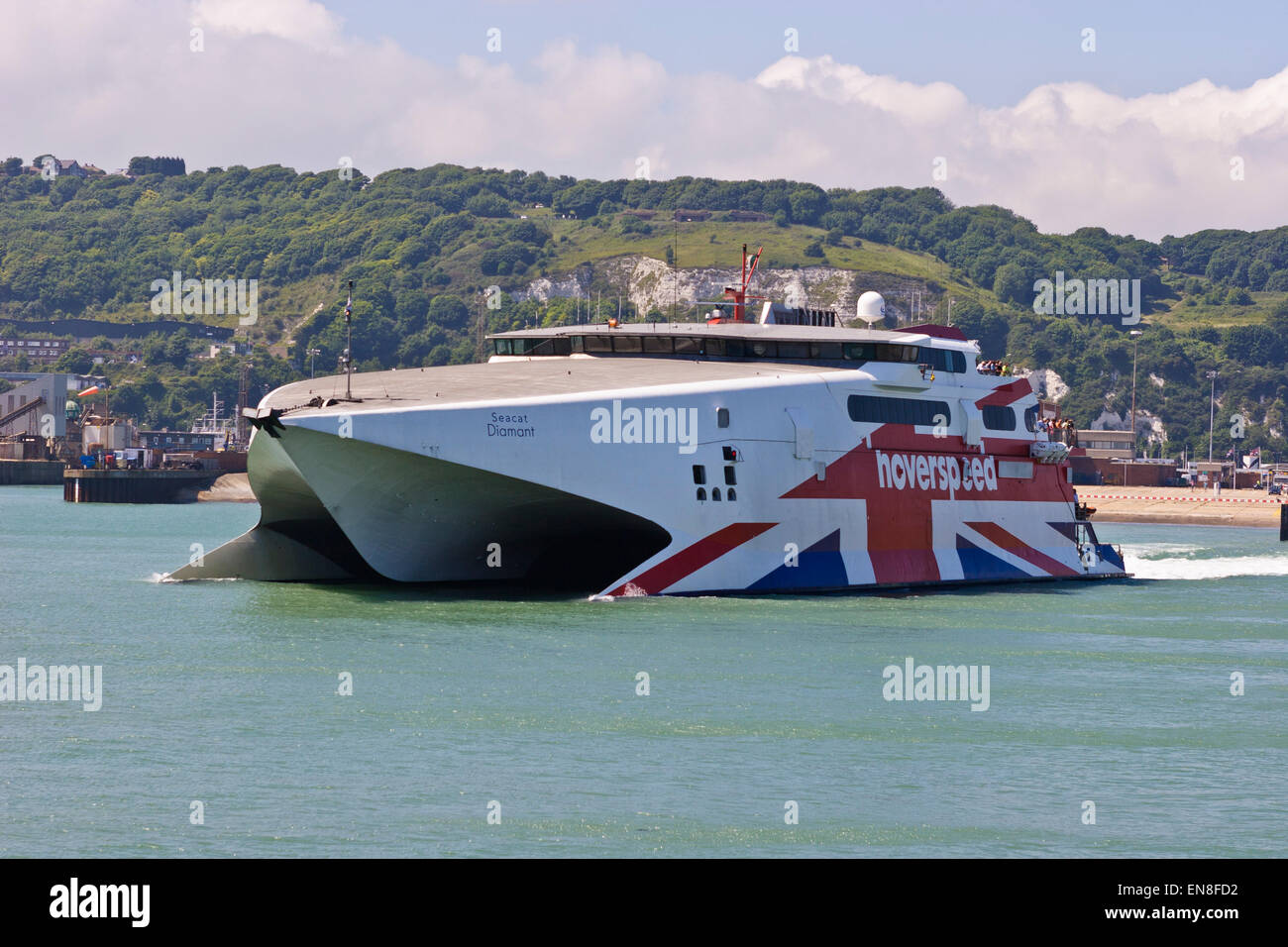 A fast ferry with the Union Jack flag painted on the side of it ...