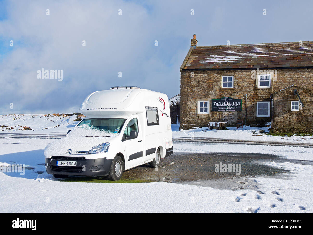 The Tan Hill Inn, the highest pub in England, after a snowfall, North ...