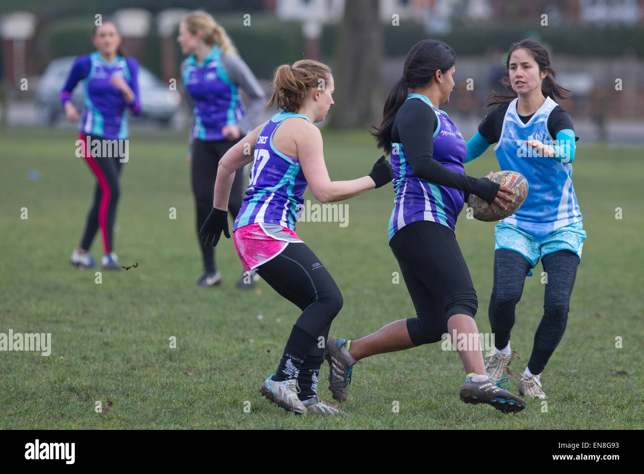 Women's touch rugby, played on Clapham Common, Southwest London ...