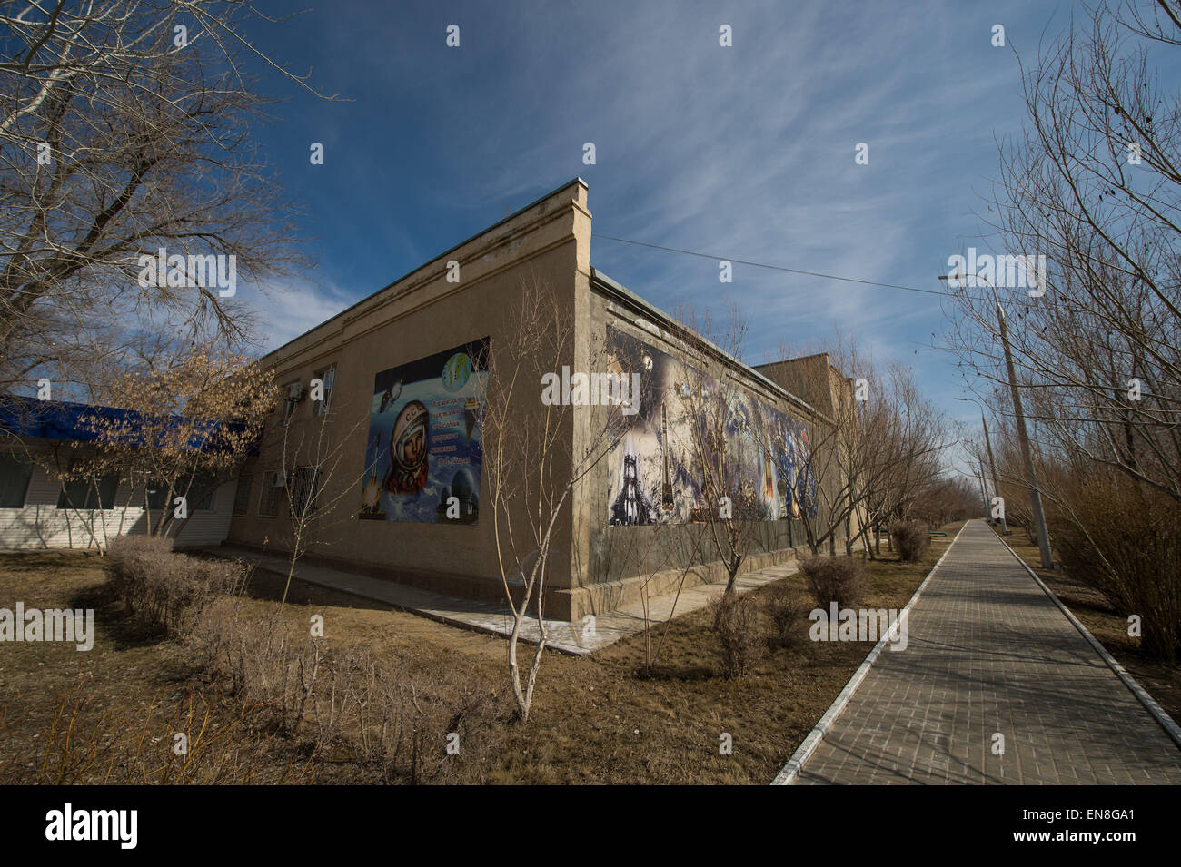 Murals showing the history of Russian spaceflight are seen on the ...
