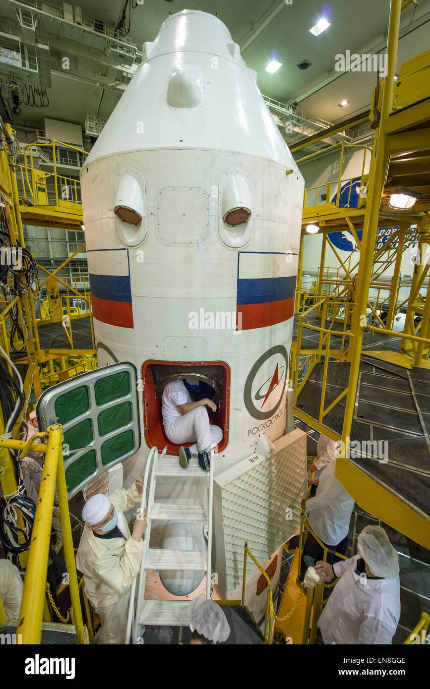 The Soyuz TMA-16M spacecraft undergoes final checks before the launch of Expedition 43 ...