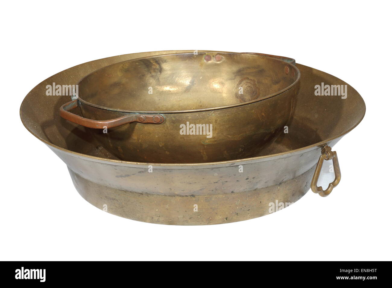 ancient handmade copper pots isolated over white background Stock Photo ...