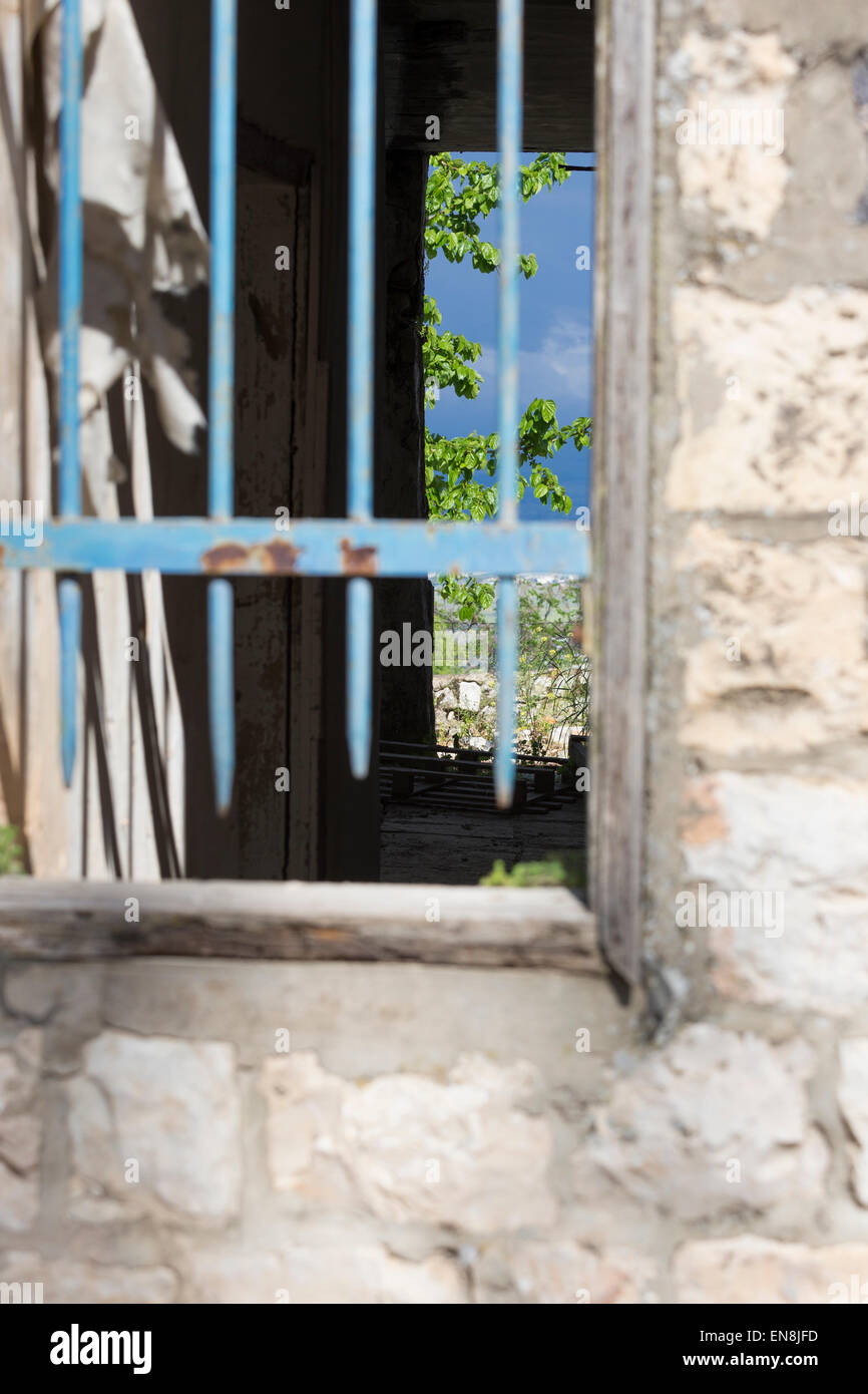 View of tree through broken window of abandoned house Stock Photo - Alamy