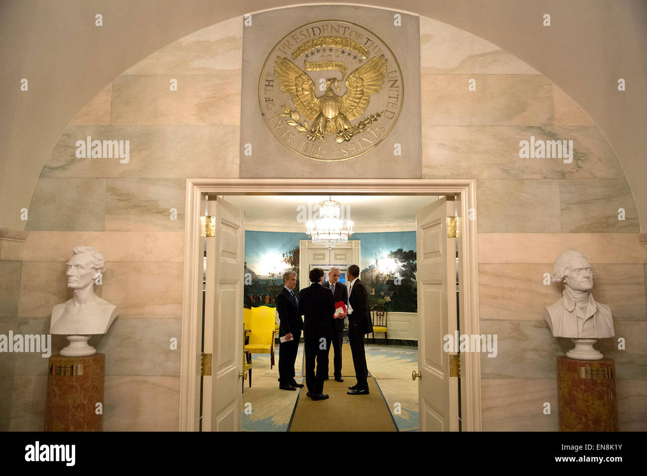 President Barack Obama talks with Chief of Staff Denis McDonough, Jason ...