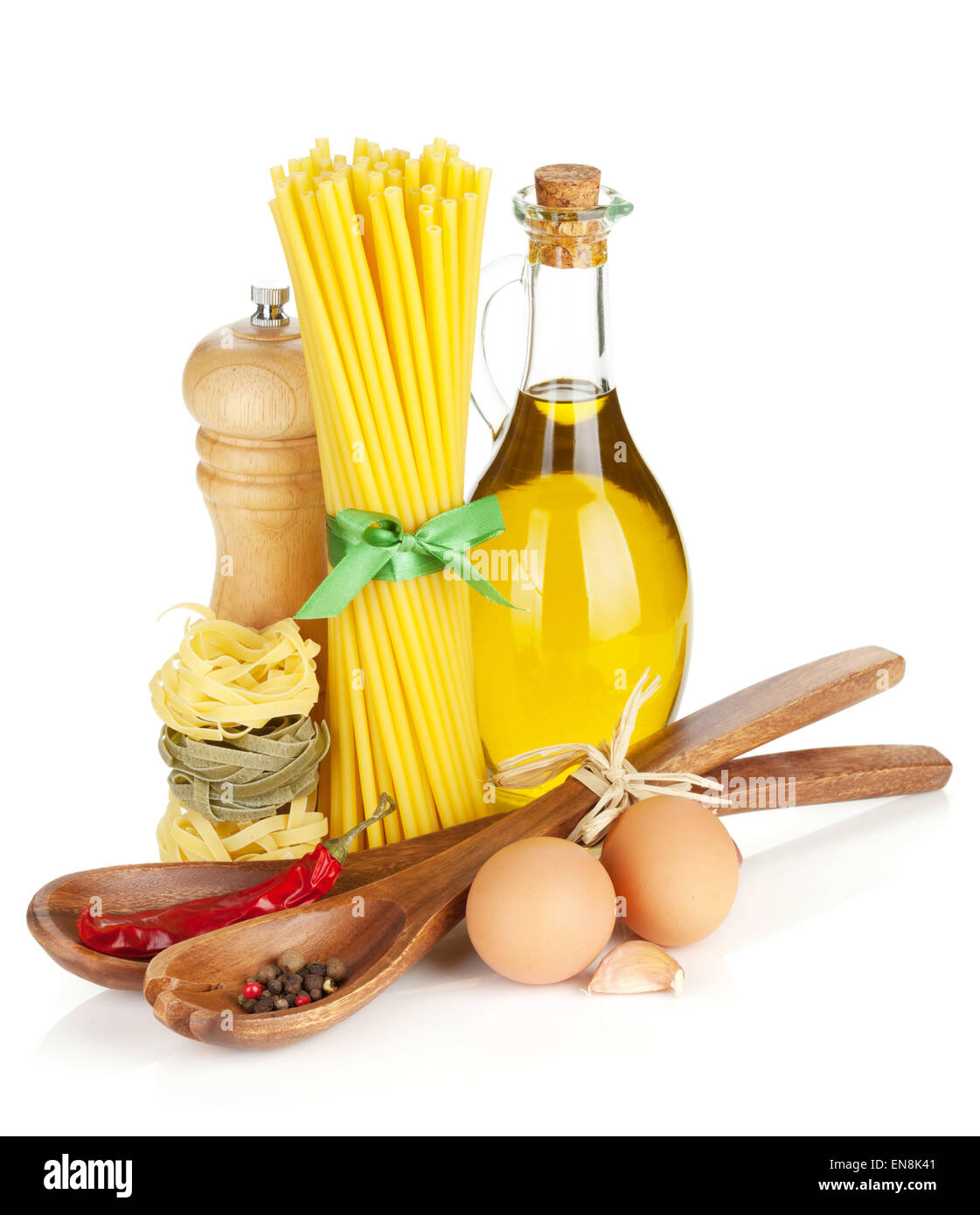 Pasta and ingredients. Isolated on white background Stock Photo - Alamy