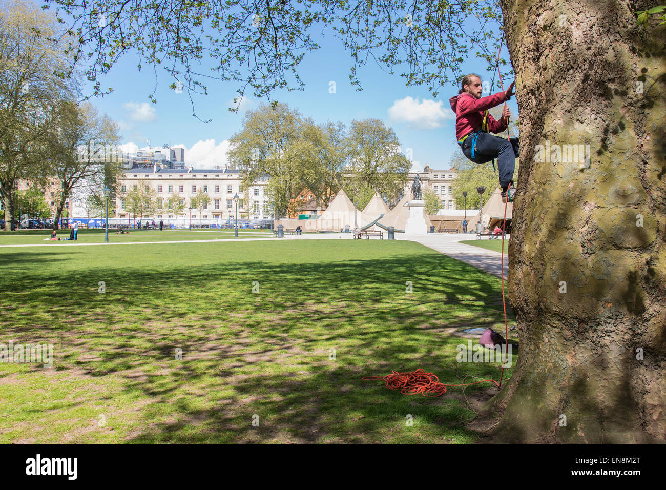Bristol, UK. 29th April, 2015. Protesters climbed trees to put up a ...