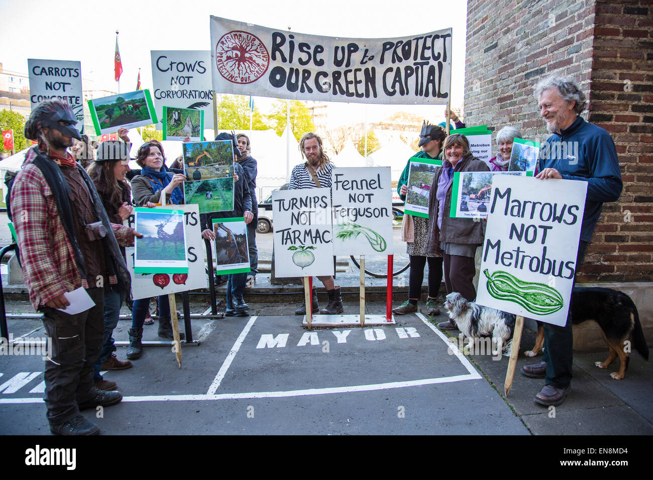 Bristol, UK. 29th April, 2015. Protesters climbed trees to put up a ...