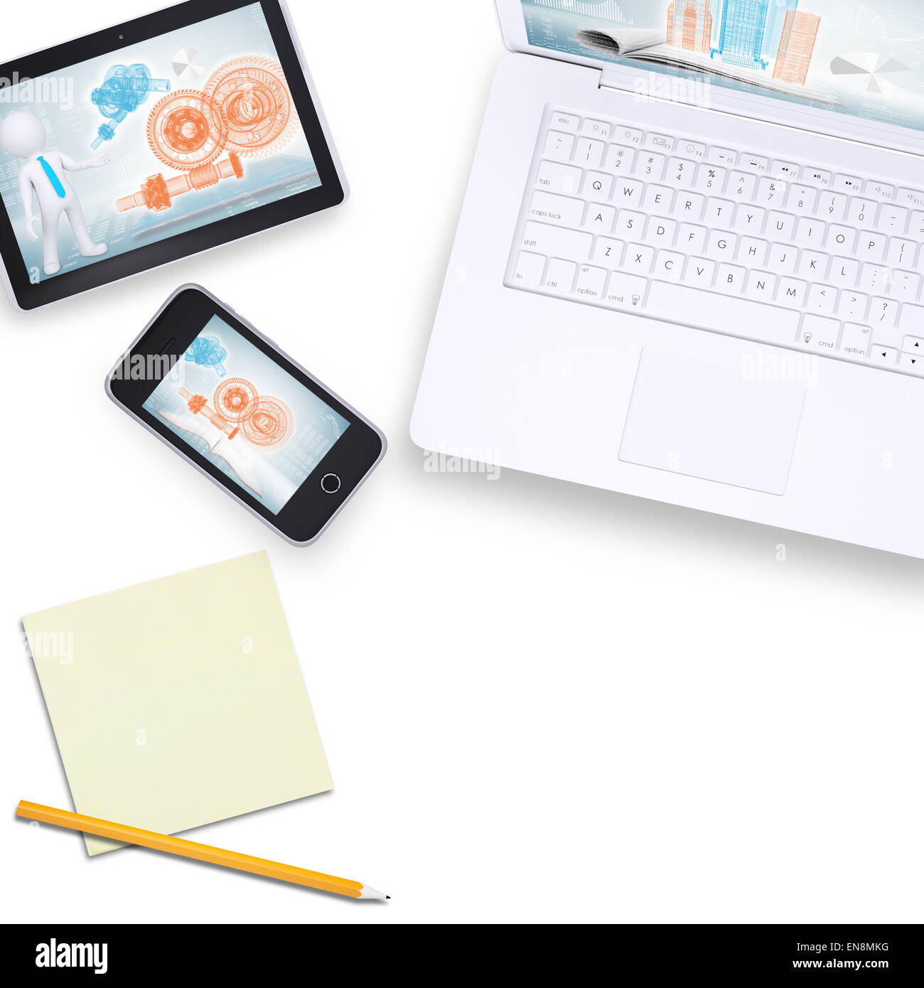 Laptop, tablet, phone and note paper, top view Stock Photo - Alamy
