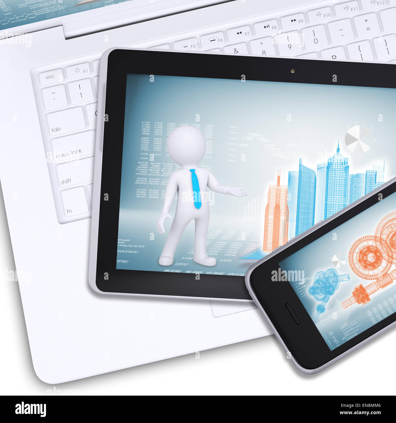 Tablet, mobile on laptop with engineering drawings Stock Photo - Alamy