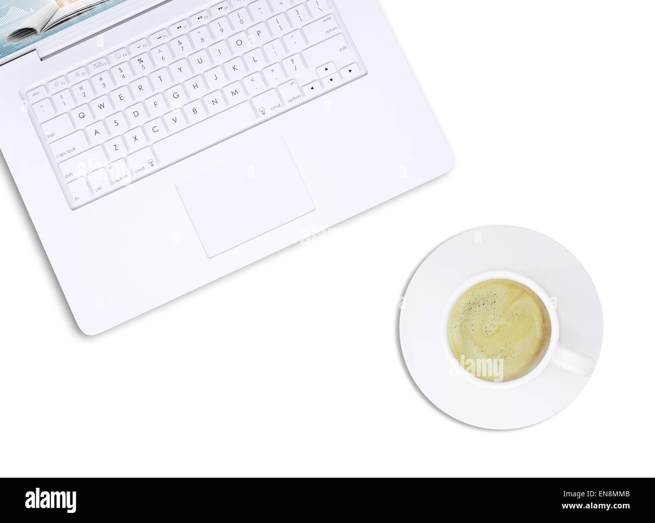 White laptop and coffee cup, top view Stock Photo - Alamy
