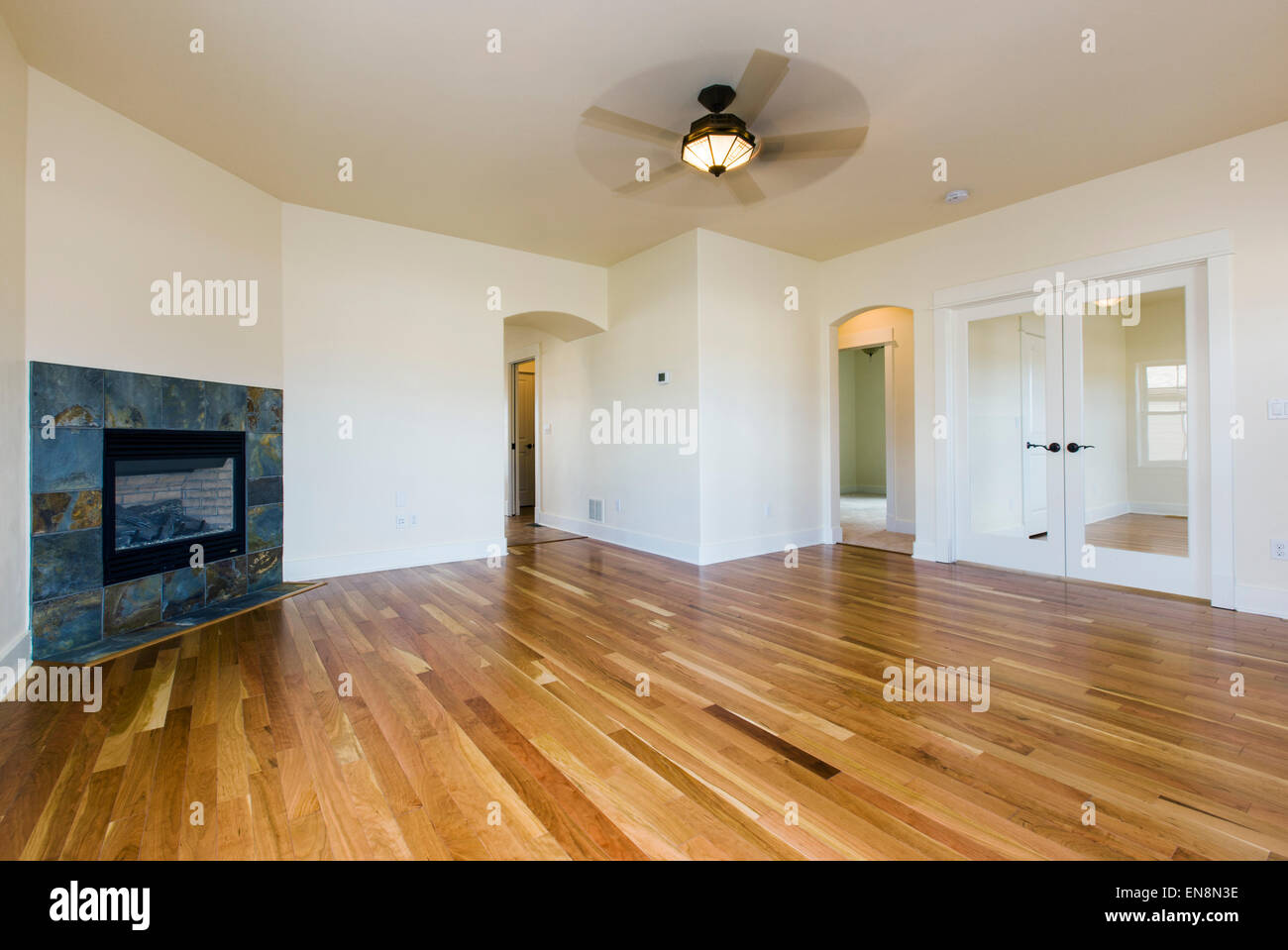 Living room of a new Craftsman Style residential home in Colorado, USA ...