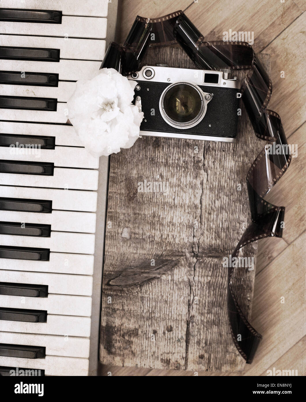 Artwork in retro style, old camera, film, piano, white flower Stock ...