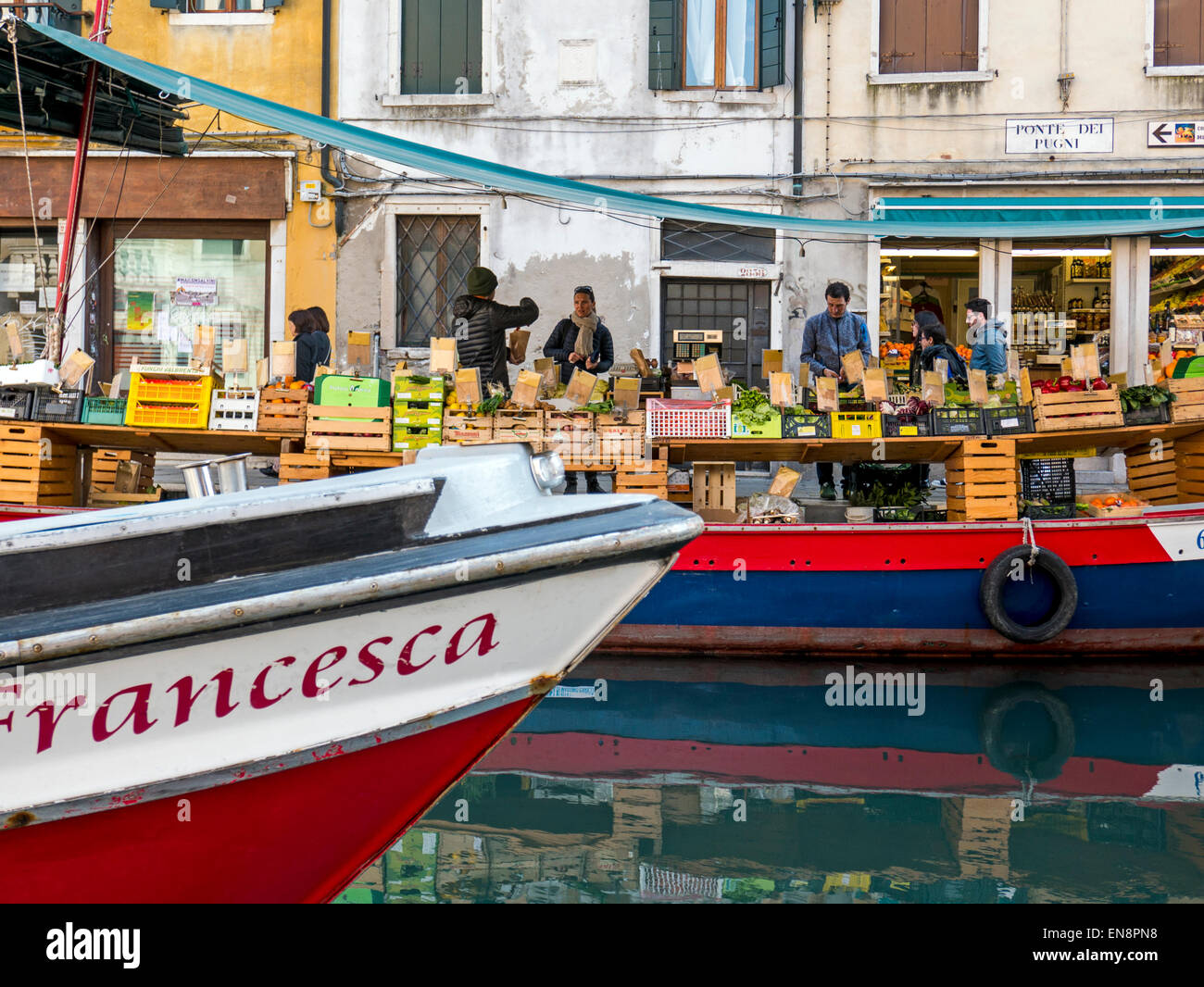 Vendor displays fresh fruit & vegetables on market boat, Venice, Italy, City of Canals Stock ...