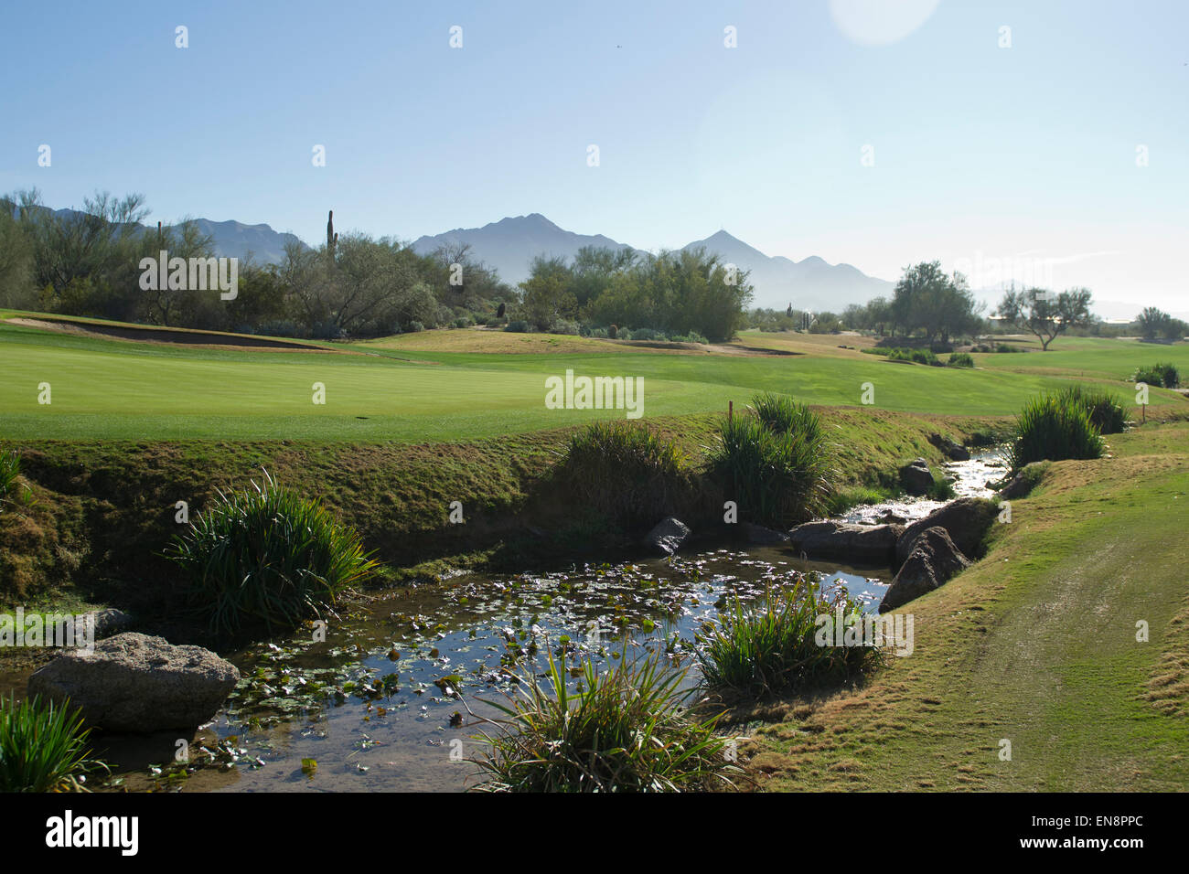 A stream runs the fairway on a golf course in the southwestern desert ...