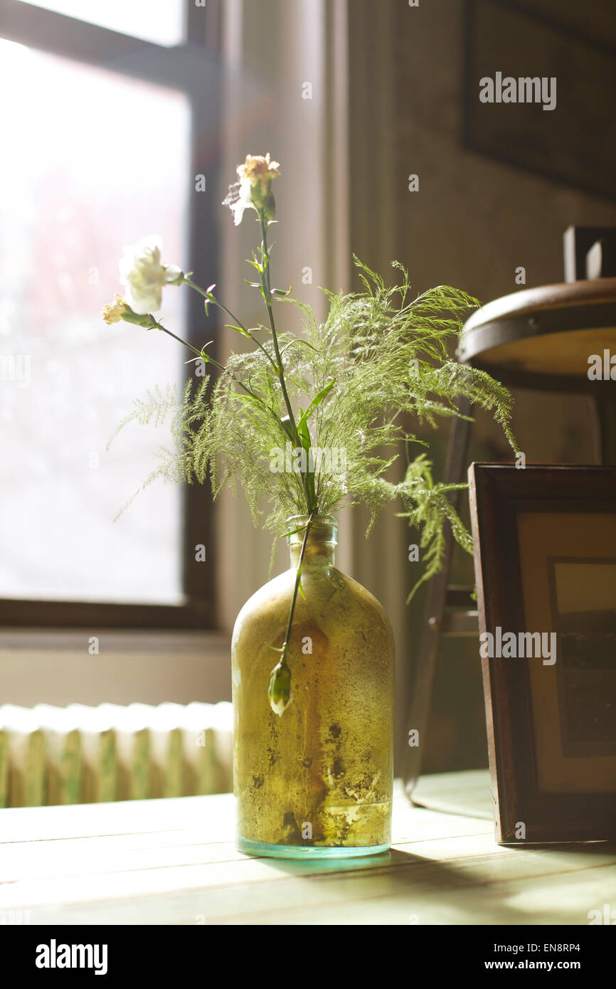 An artfully dirty vintage bottle used as a flower vase for white ...
