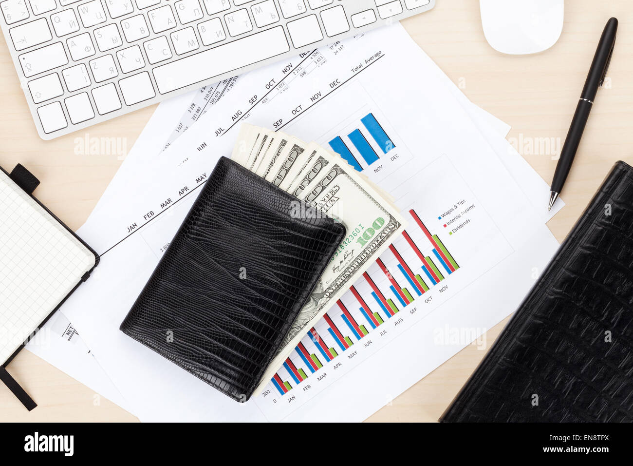 Office table with pc, supplies and money cash. View from above Stock ...