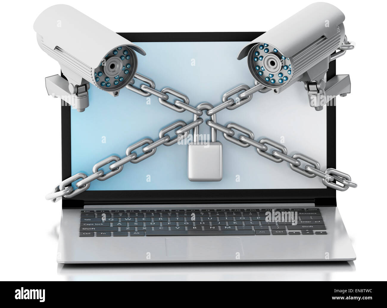 3d render image. Laptop with surveillance camera, lock and chain. Data ...