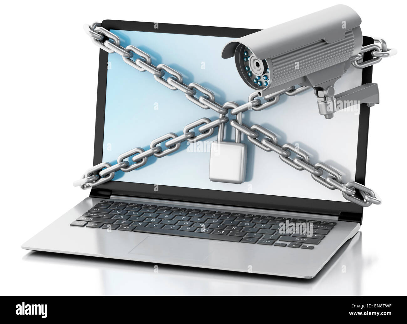 3d render image. Laptop with surveillance camera, lock and chain. Data ...