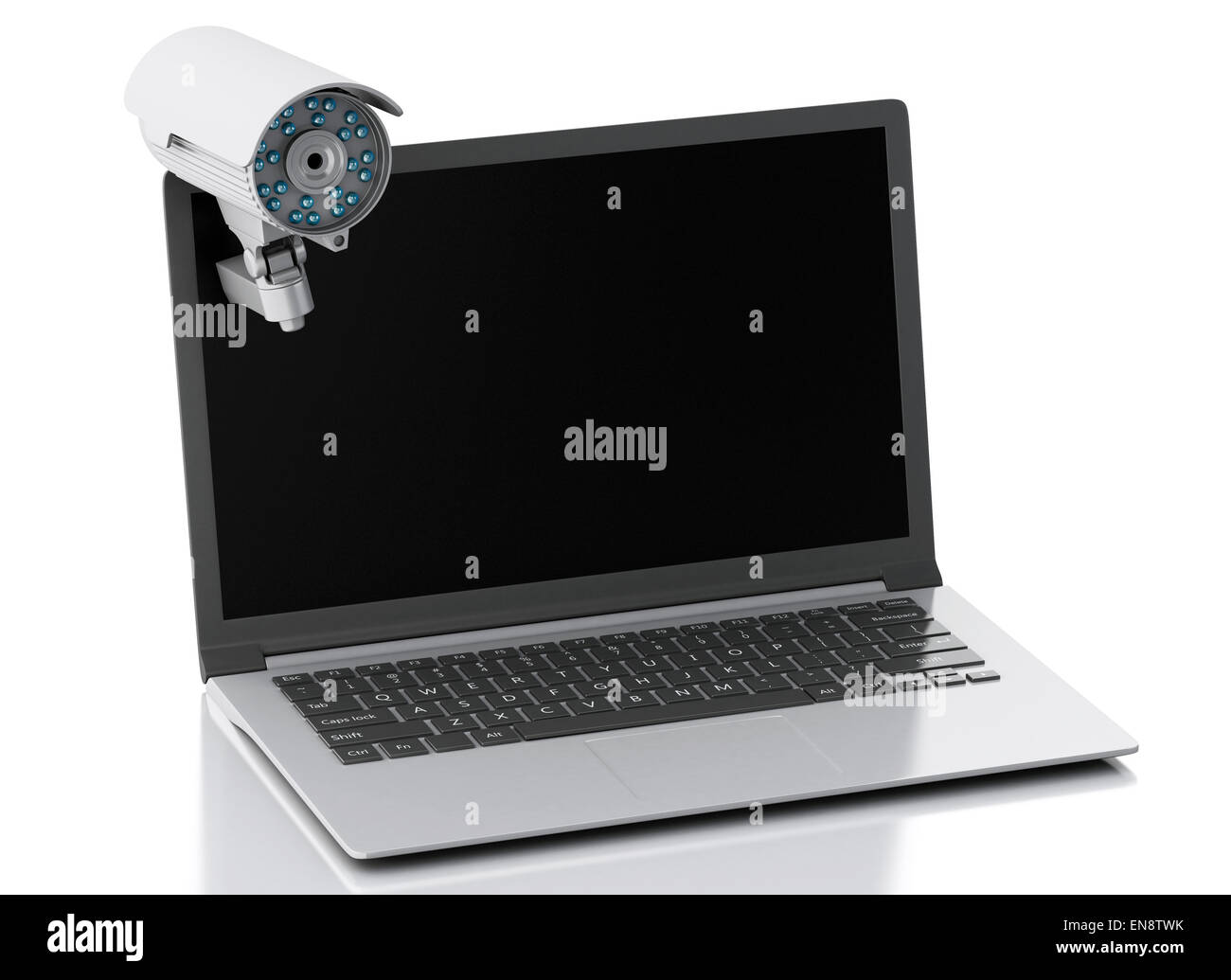3d render image. Laptop with surveillance camera. Data security concept ...