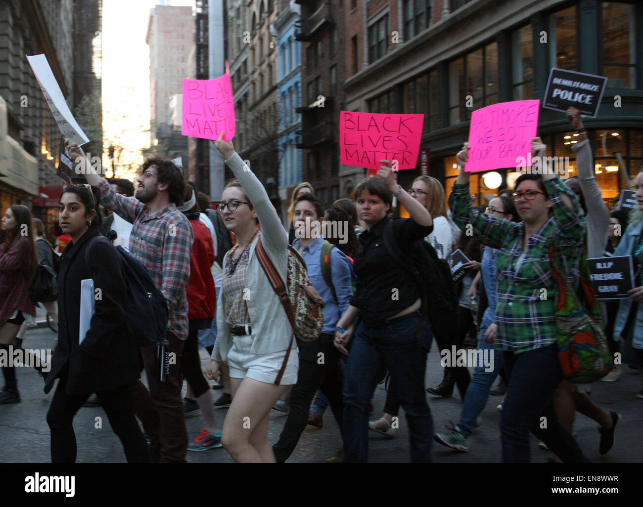 New York, USA. 29th Apr, 2015. Protestors march along the streets near ...
