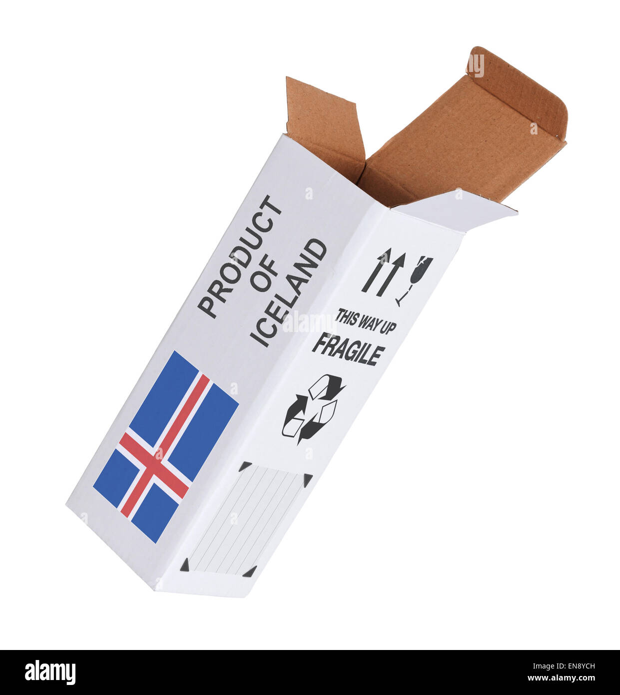 Concept of export, opened paper box - Product of Iceland Stock Photo ...