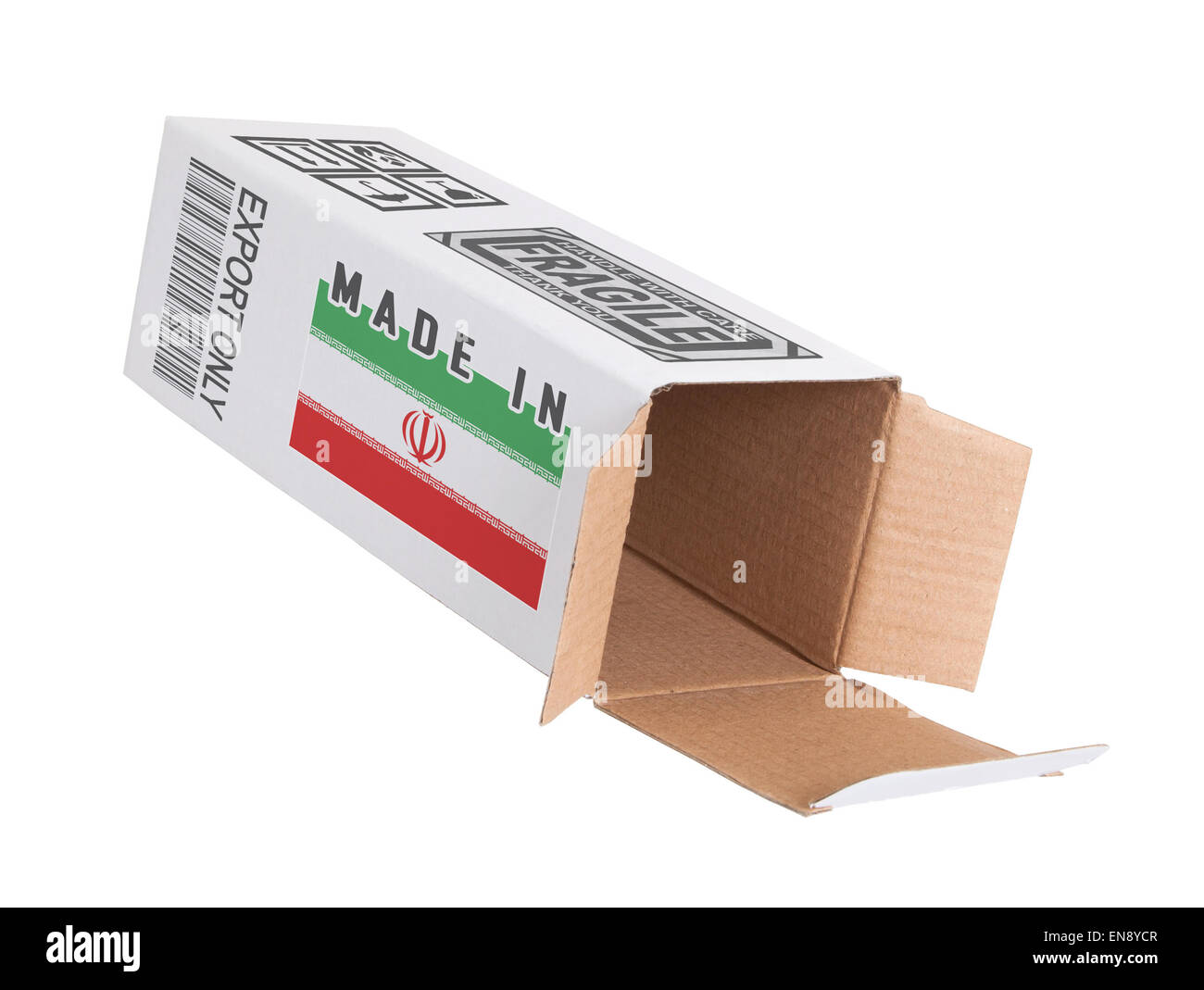 Concept of export, opened paper box - Product of Iran Stock Photo - Alamy