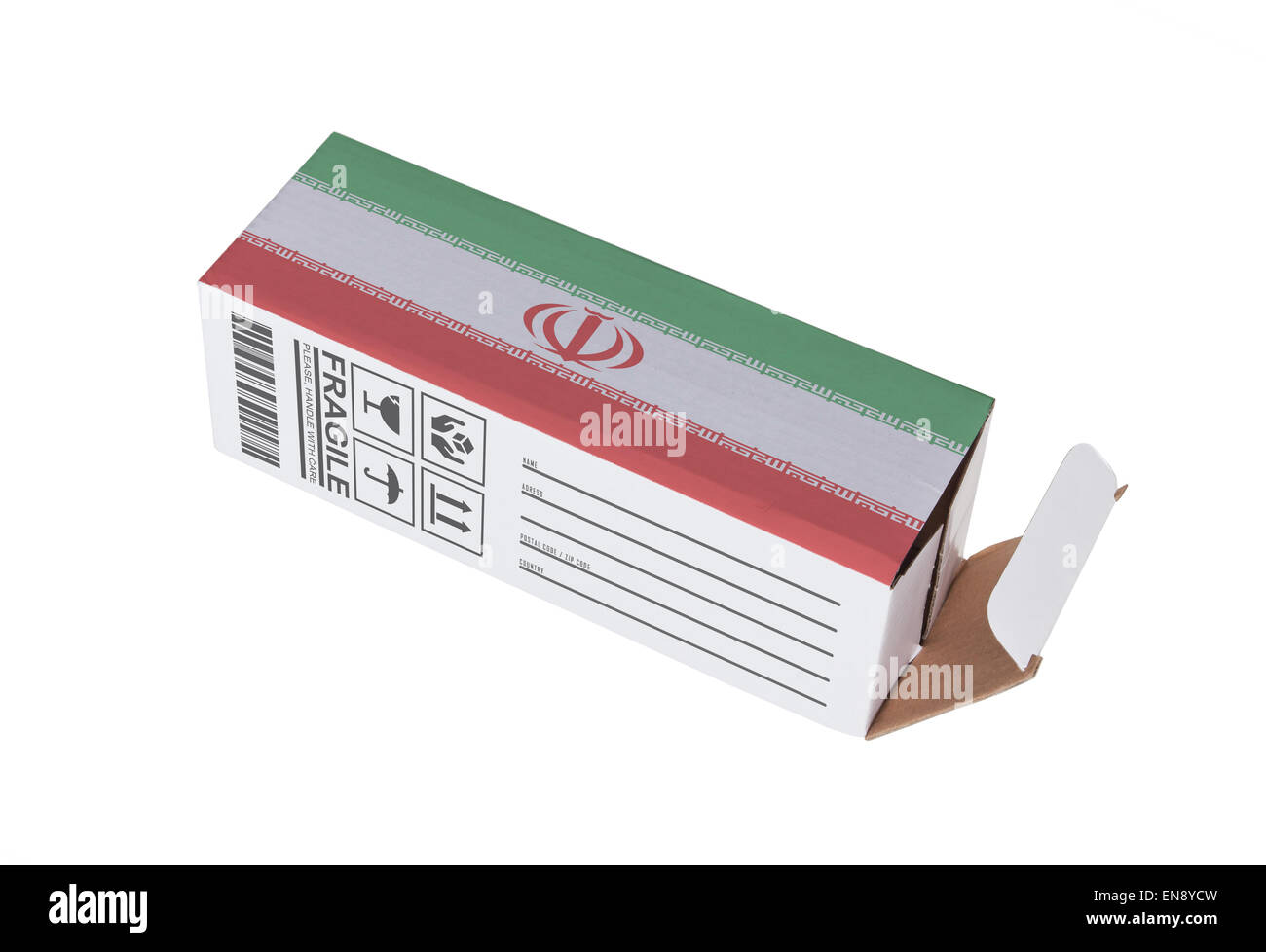 Concept of export, opened paper box - Product of Iran Stock Photo - Alamy
