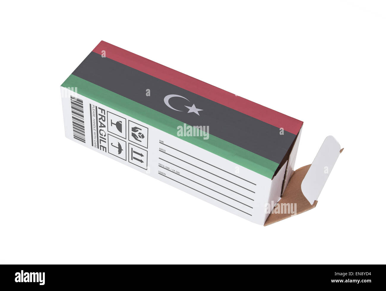Concept of export, opened paper box - Product of Libya Stock Photo - Alamy