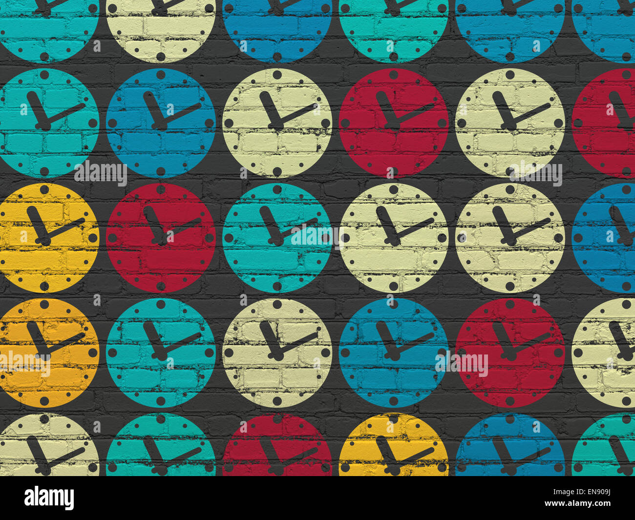 Timeline concept: Clock icons on wall background Stock Photo - Alamy