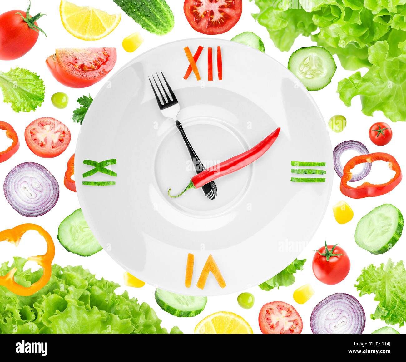 Food clock with vegetables. Healthy food concept Stock Photo - Alamy
