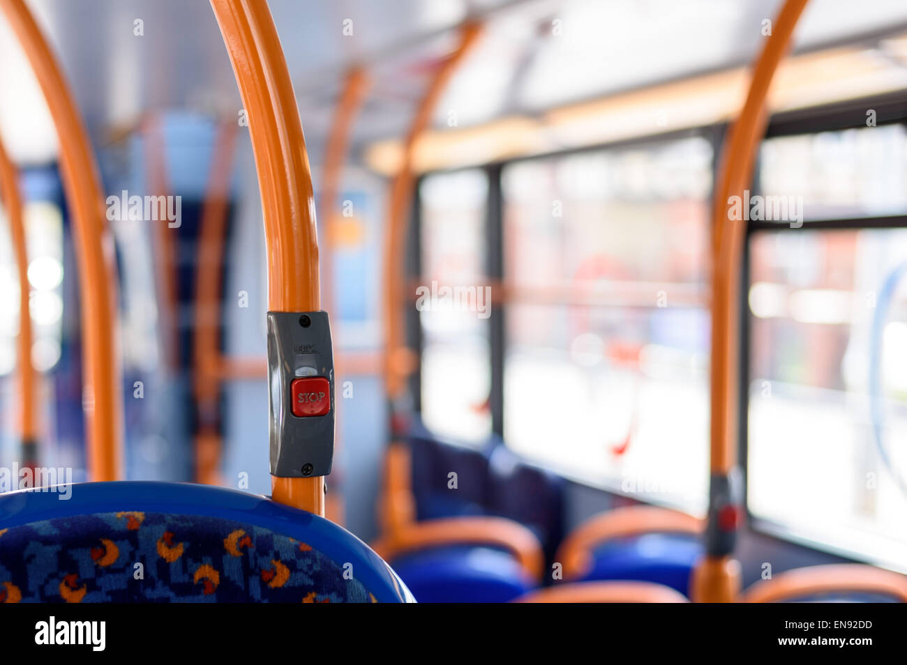 Stop button on an empty double decker bus Stock Photo - Alamy