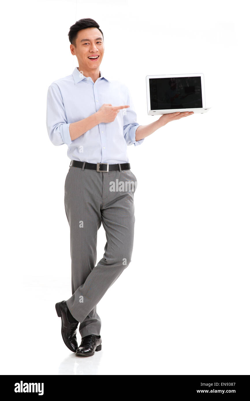 Business men display notebook computer Stock Photo - Alamy