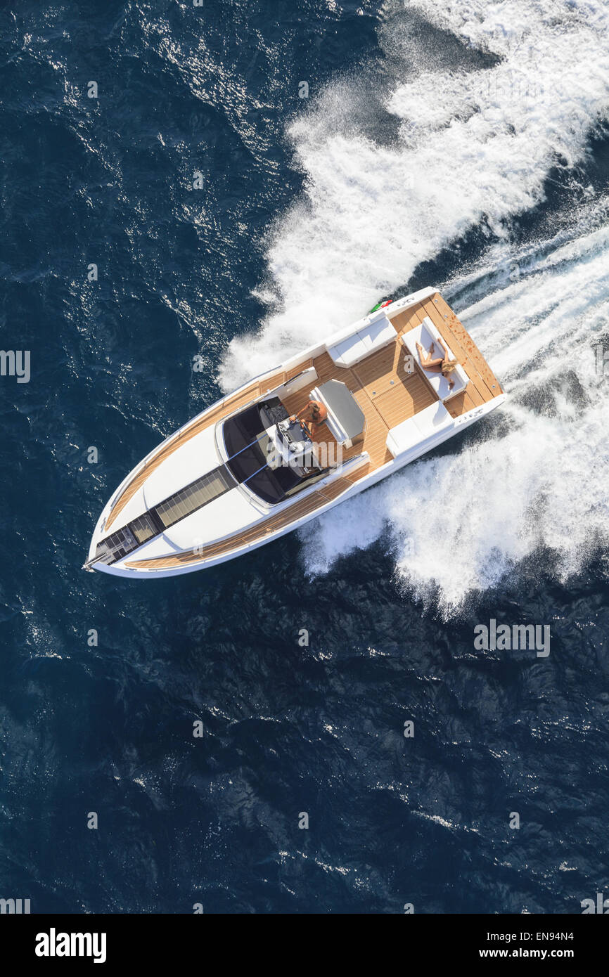 motor boat in navigation, aerial view Stock Photo - Alamy
