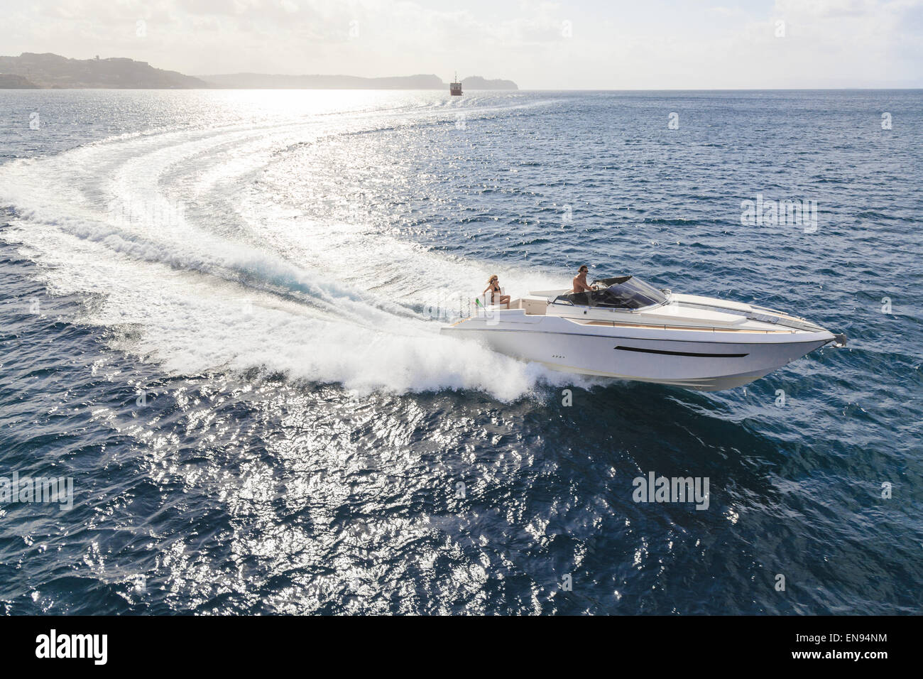 motor boat in navigation, aerial view Stock Photo - Alamy