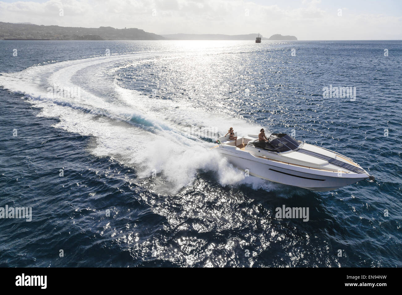 motor boat in navigation, aerial view Stock Photo - Alamy