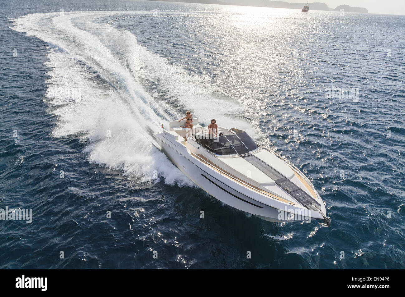 motor boat in navigation, aerial view Stock Photo - Alamy