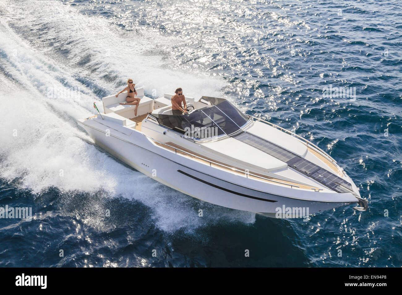 motor boat in navigation, aerial view Stock Photo - Alamy
