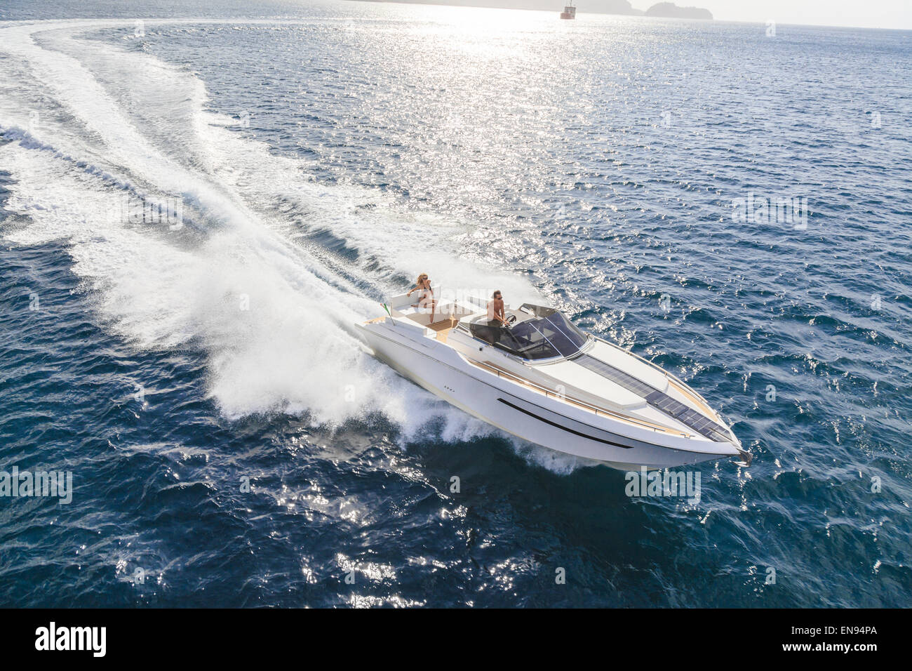 motor boat in navigation, aerial view Stock Photo - Alamy
