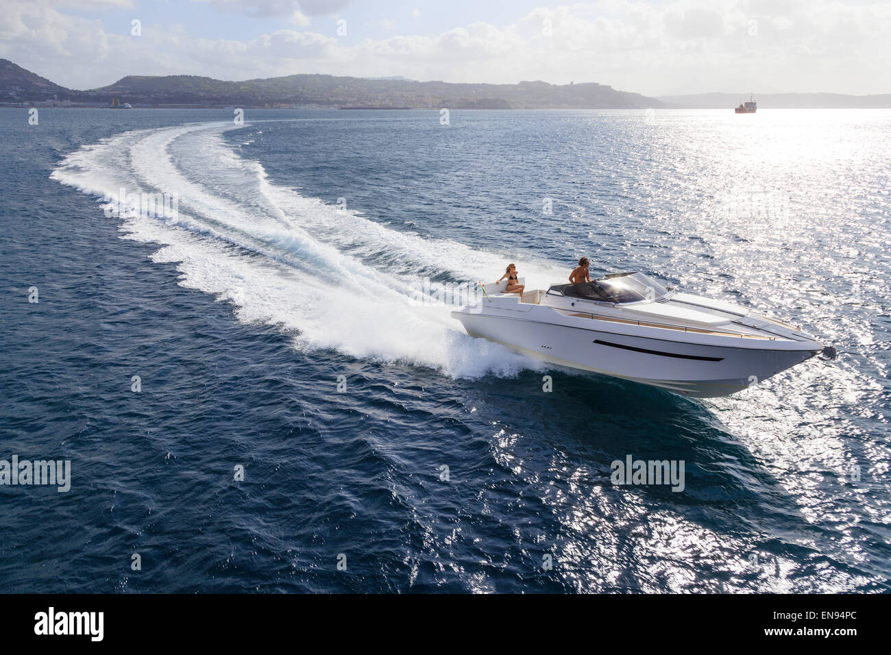 motor boat in navigation, aerial view Stock Photo - Alamy