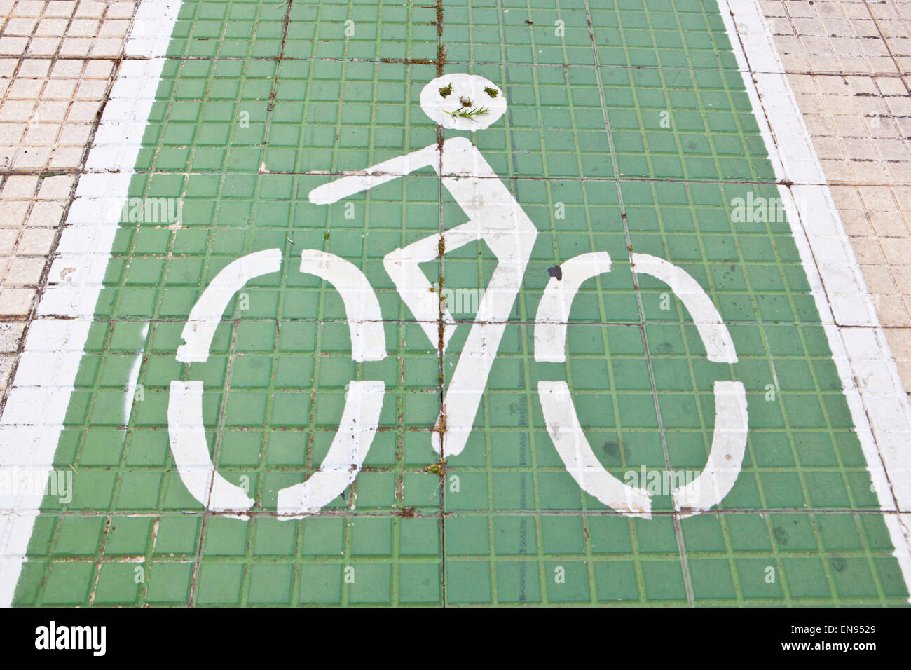 Bike lane signal. Someone painted with grass a face elements over the ...