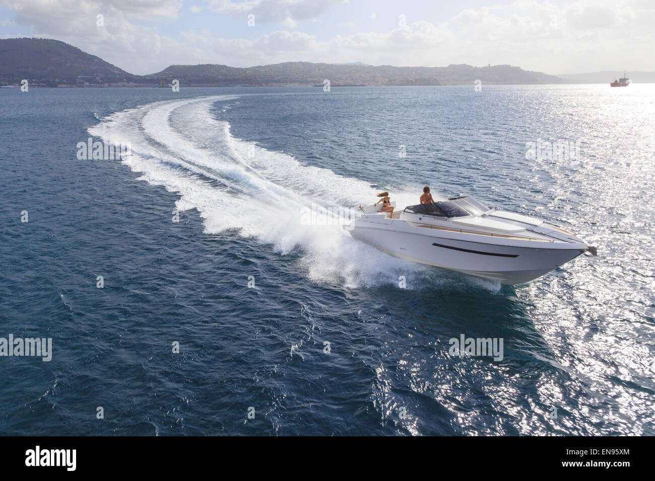 motor boat in navigation, aerial view Stock Photo - Alamy