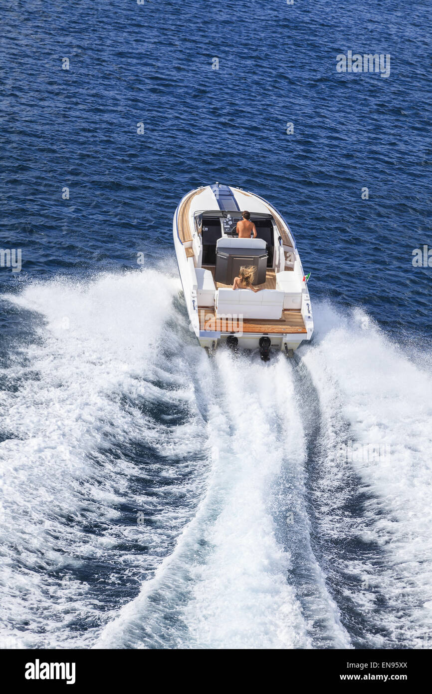 motor boat in navigation, aerial view Stock Photo - Alamy
